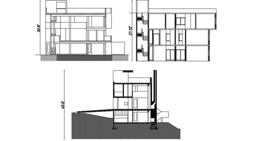 Three story house all sided elevation and section 2d drawing details ...